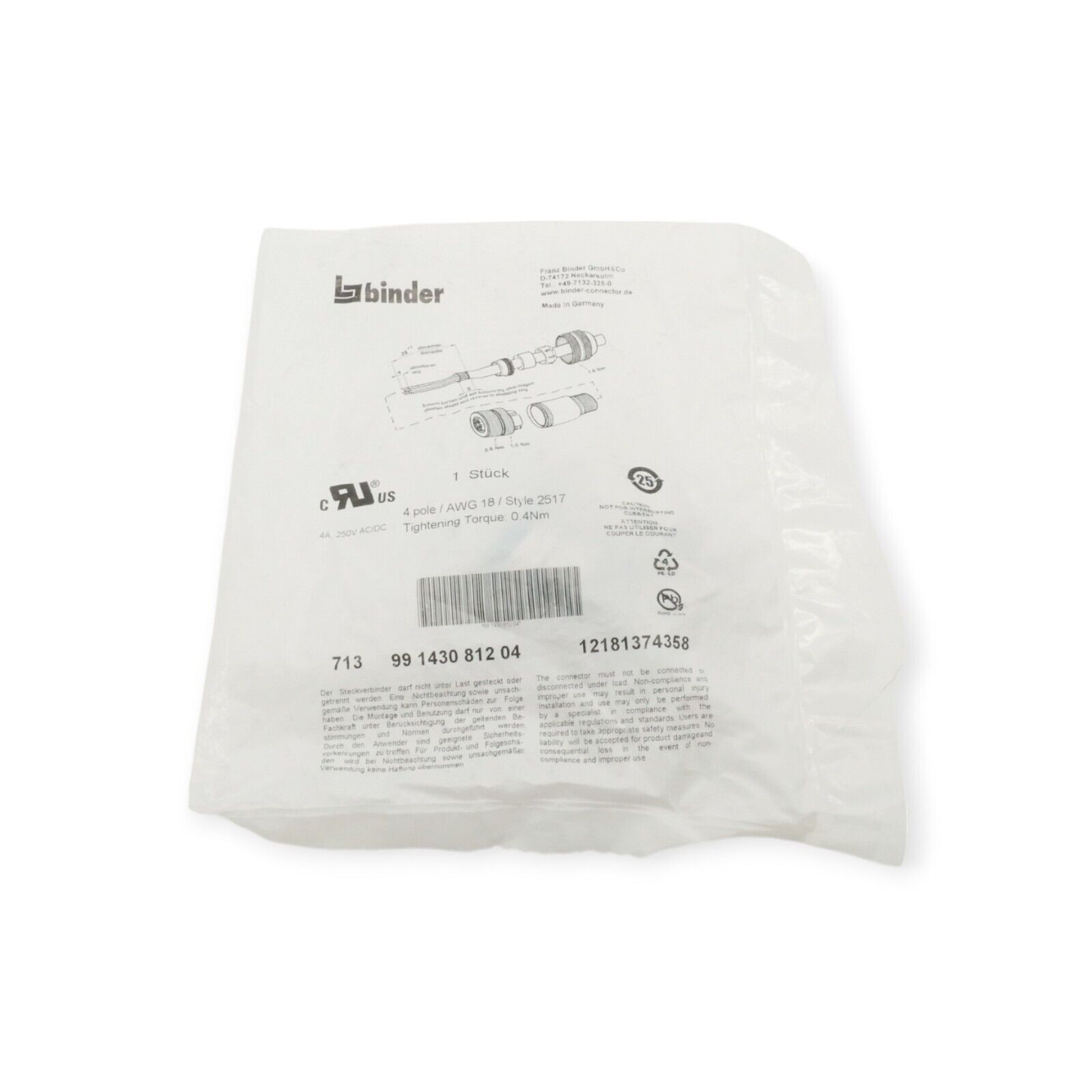 Binder 99143081204, Rundsteckverbnder Buchse AWG 18 Style 2517, 4pol ...